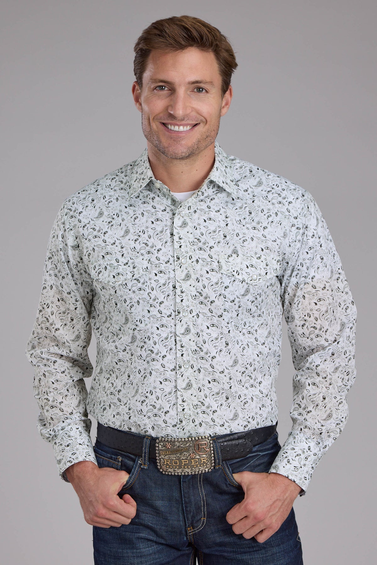 Men's Roper White & Black Long Sleeve Western Shirt — Way Out West ...