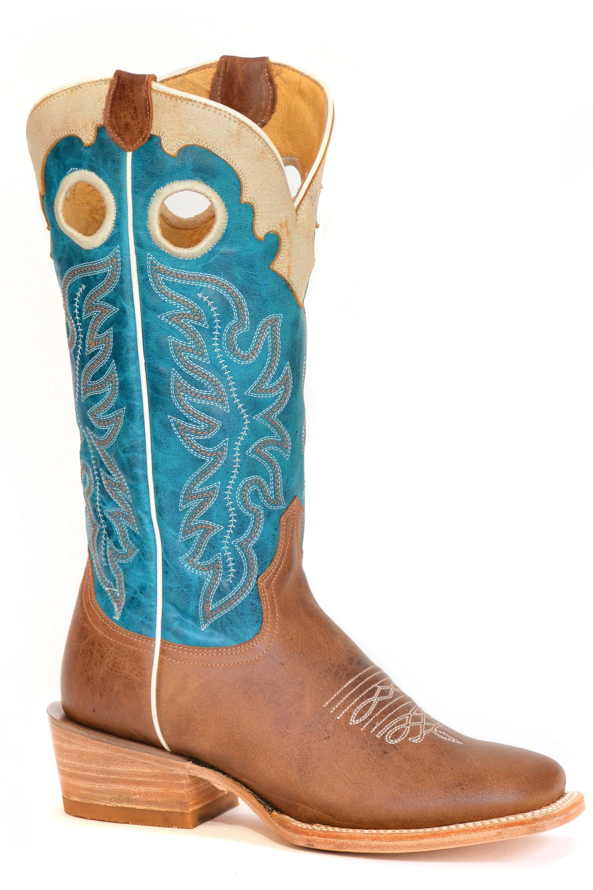 Women's Roper Burnish Brown/Waxy Turquoise Square Toe Boot w/ Riding H ...