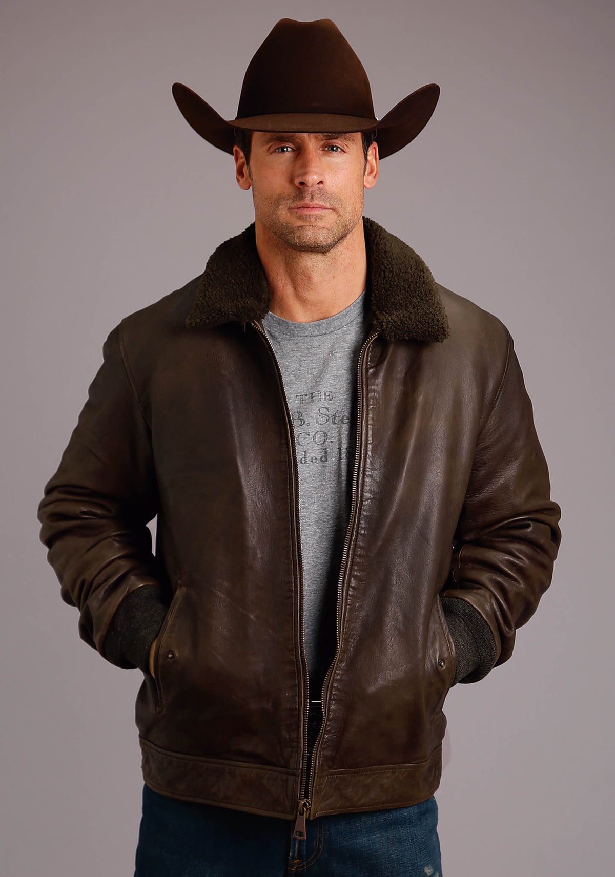 Men's Stetson Dark Chocolate Leather Jacket w/ Sherpa Collar — Way Out ...